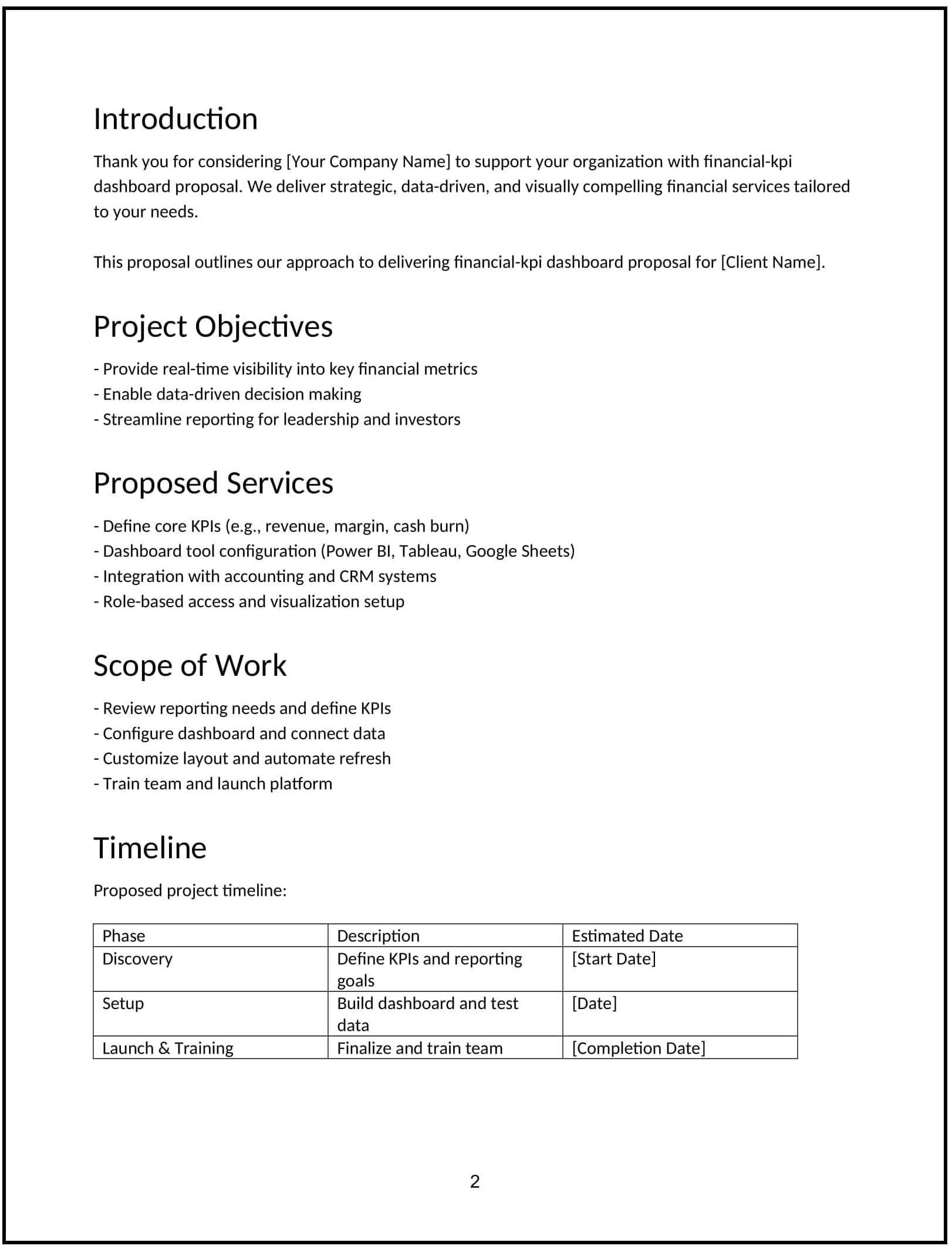Financial KPI dashboard proposal: Free template
