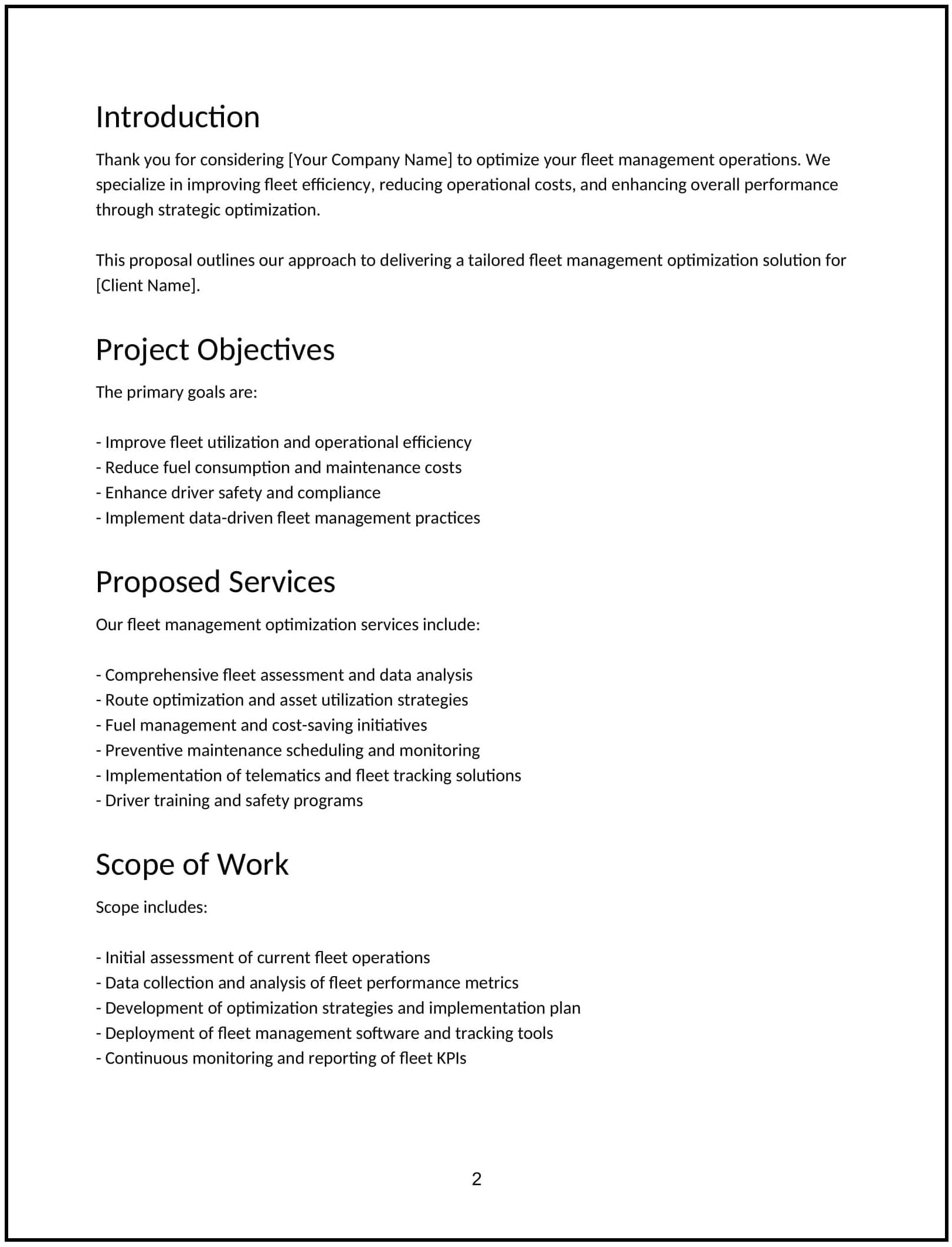 Fleet management optimization proposal: Free template