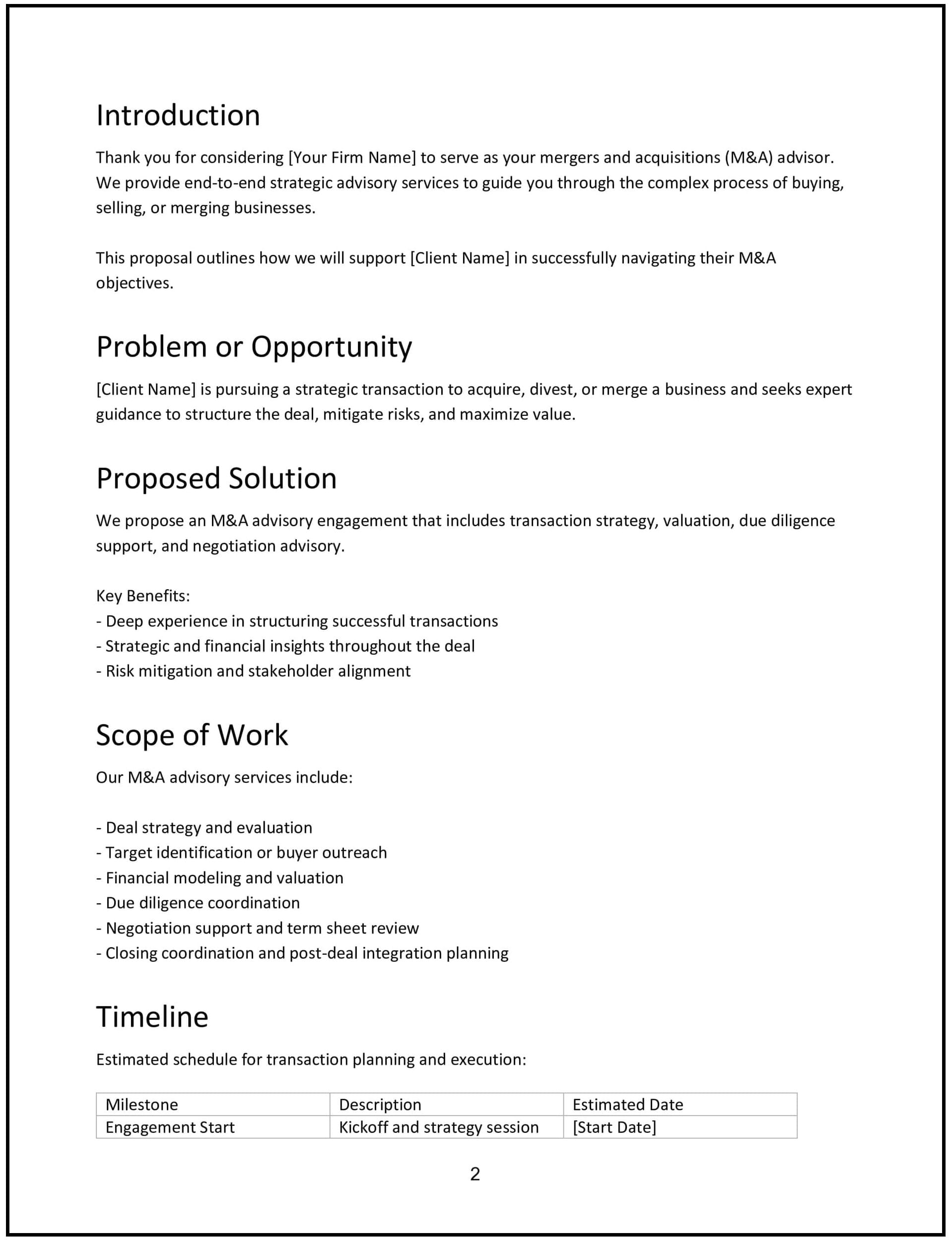M&A advisory proposal: Free template