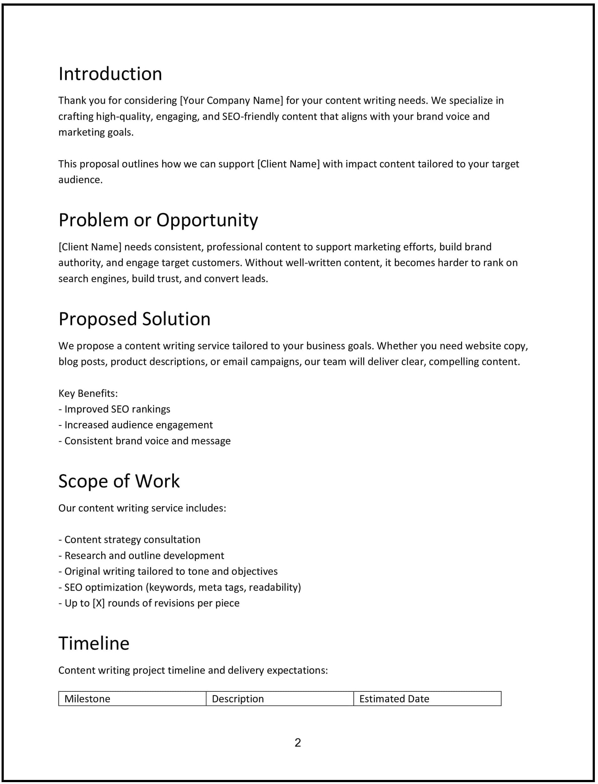 Content writing proposal: Free template