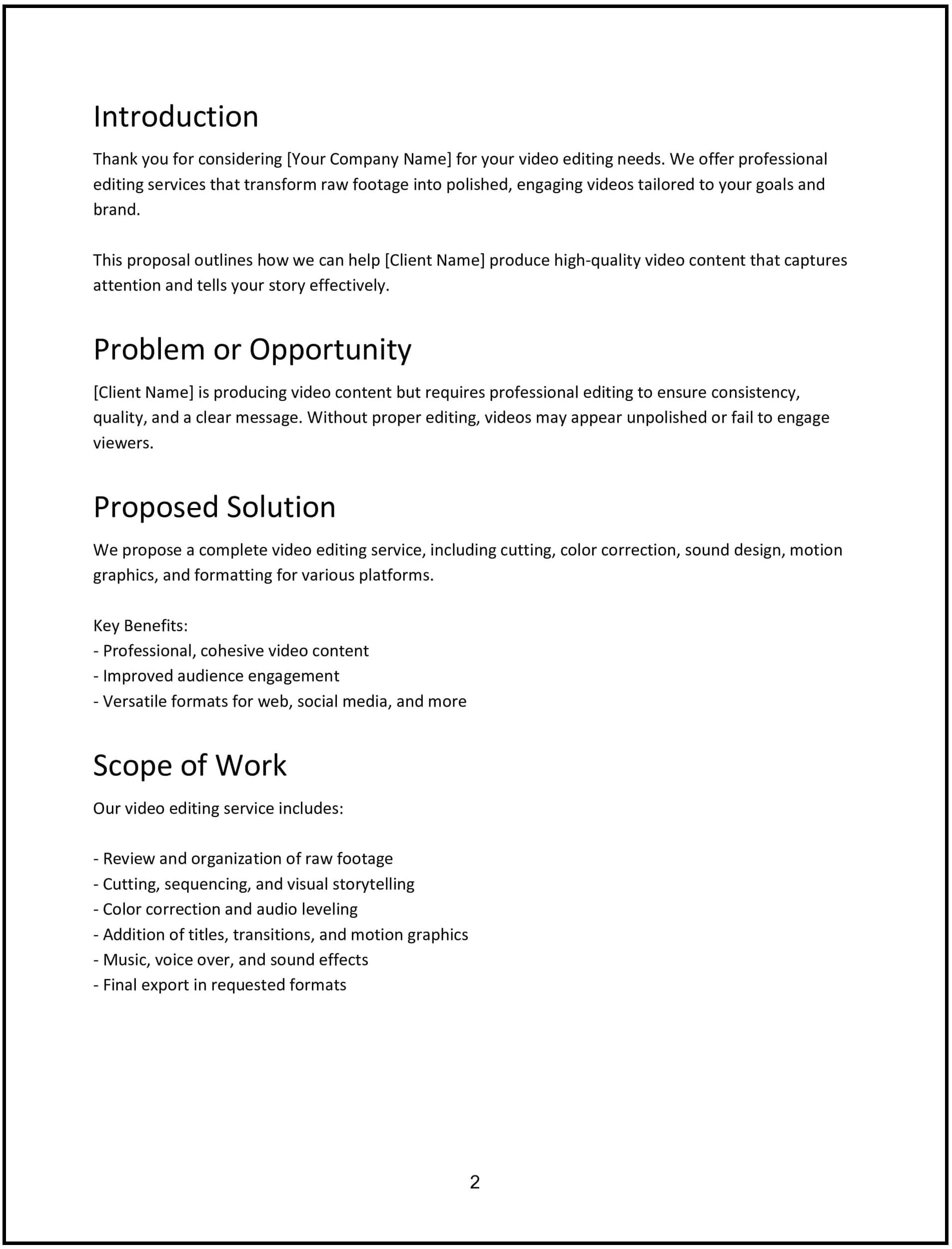 Video editing proposal: Free template