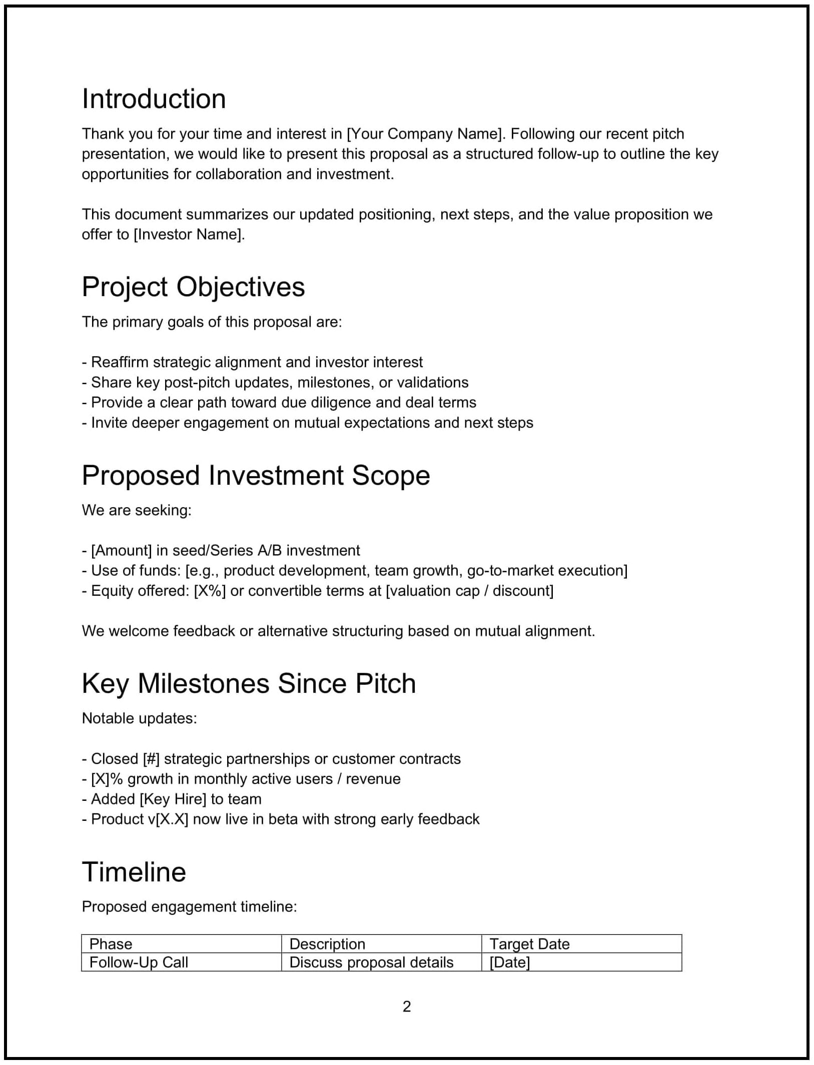 Investor pitch follow-up proposal: Free template