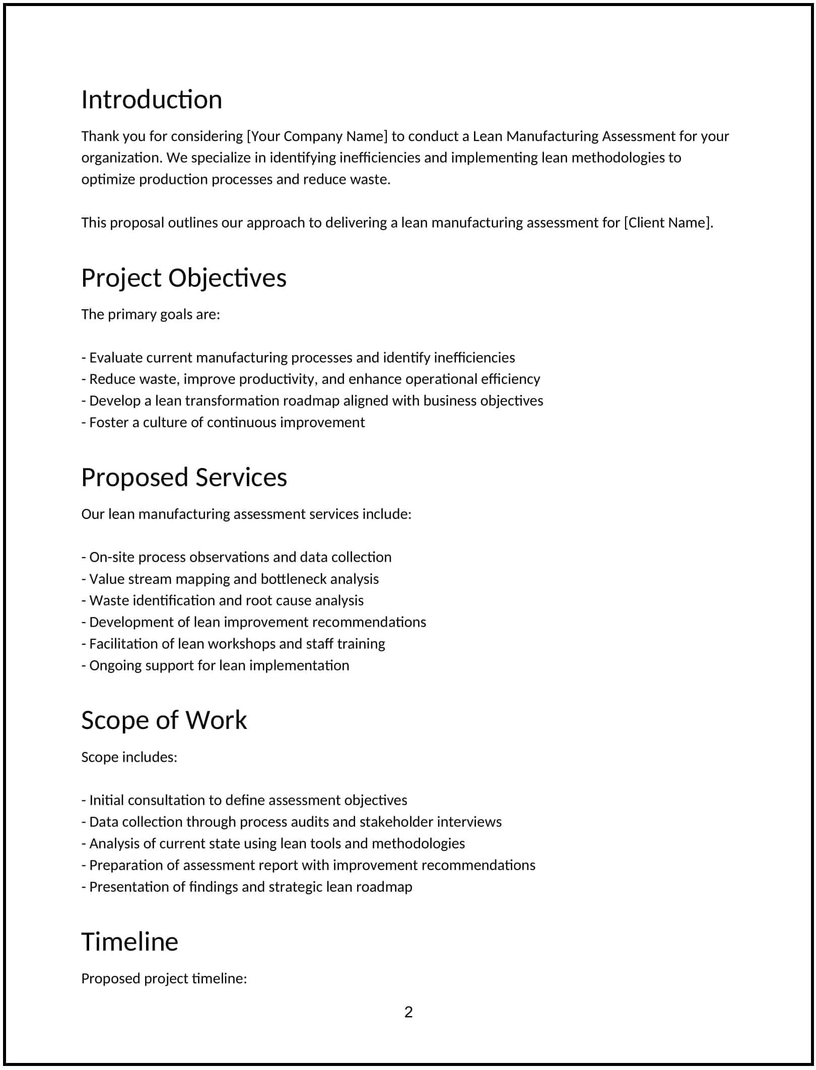 Lean manufacturing assessment proposal: Free template