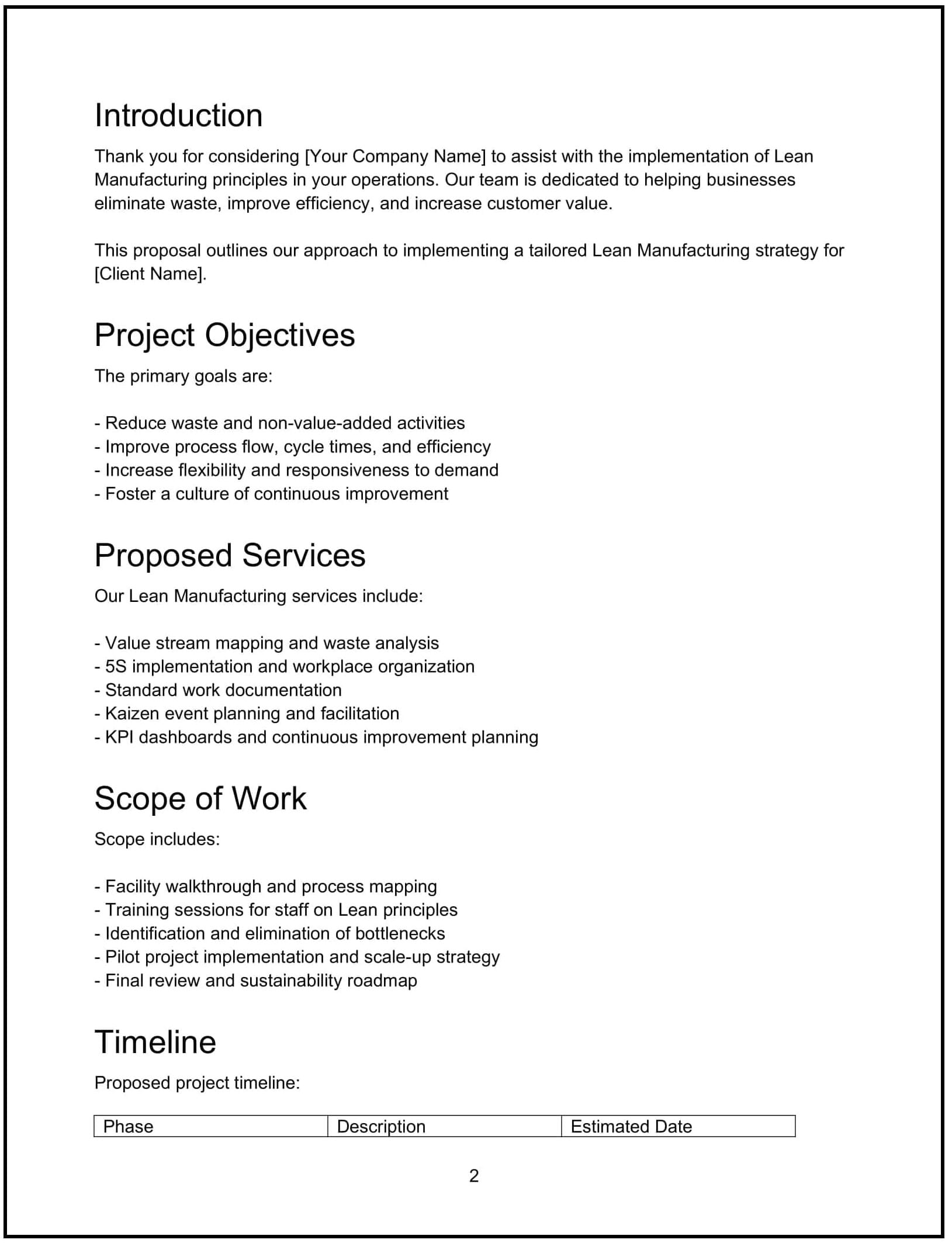 Lean manufacturing proposal: Free template