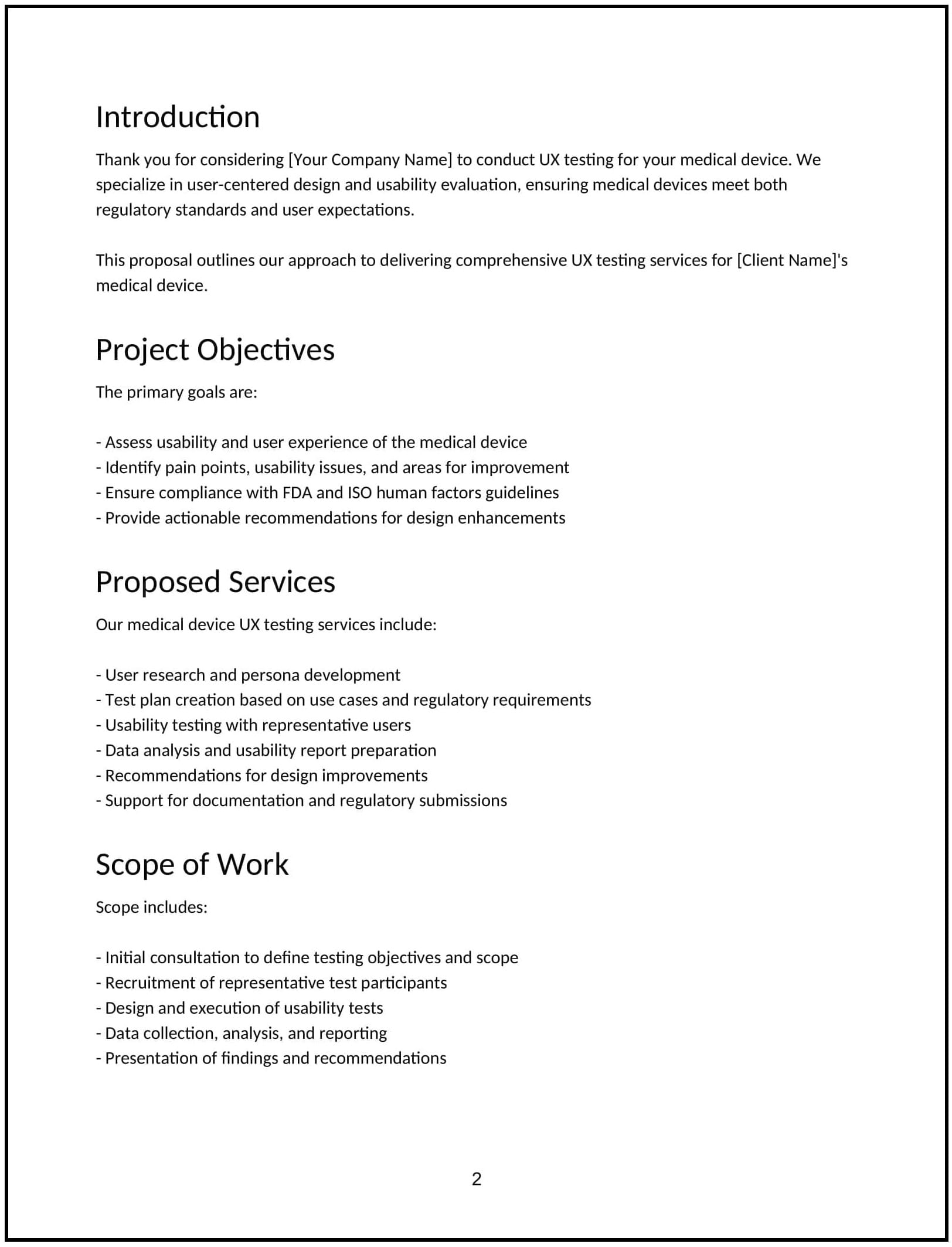 Medical device UX testing proposal: Free template