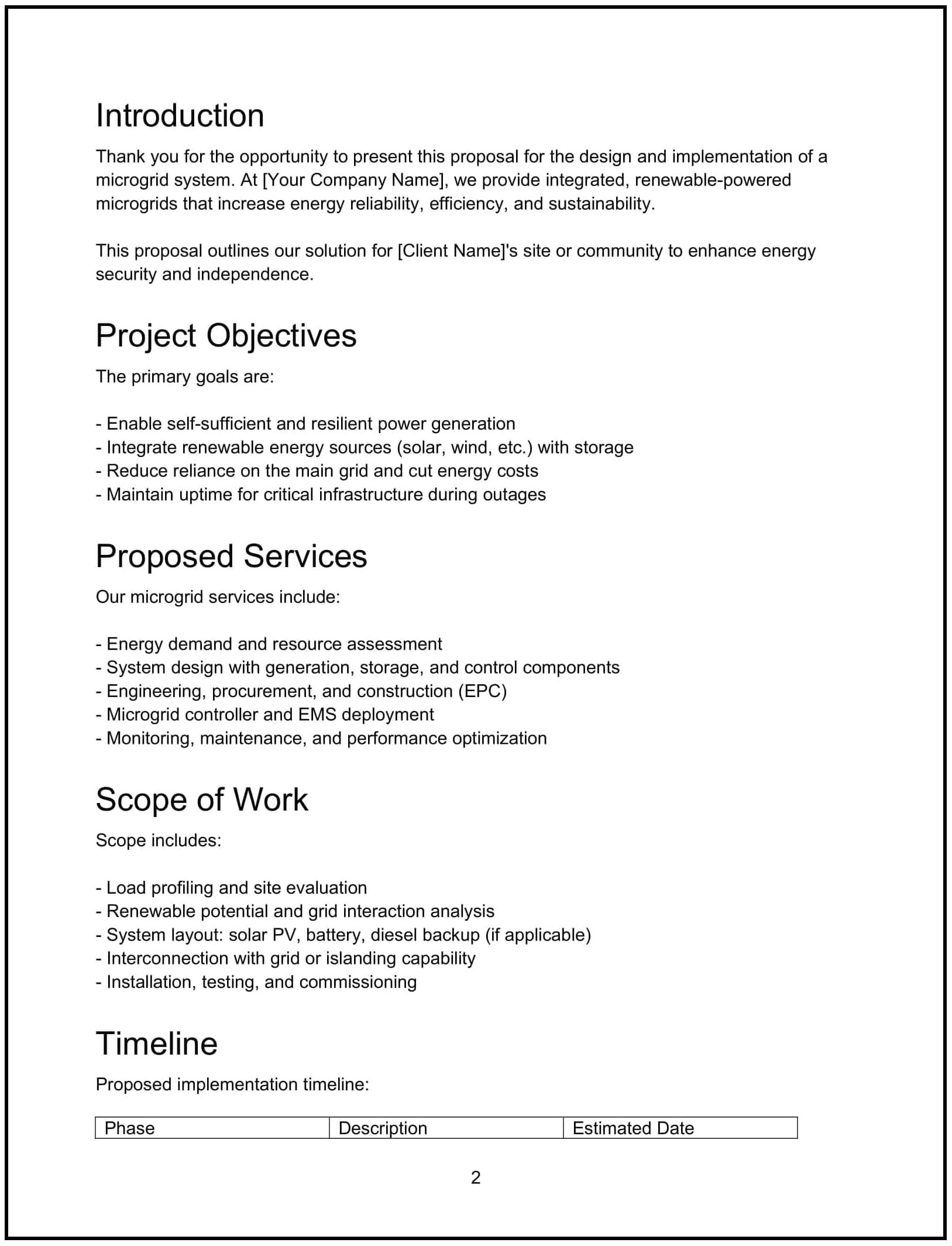 Micro-grid design & implementation proposal: Free template