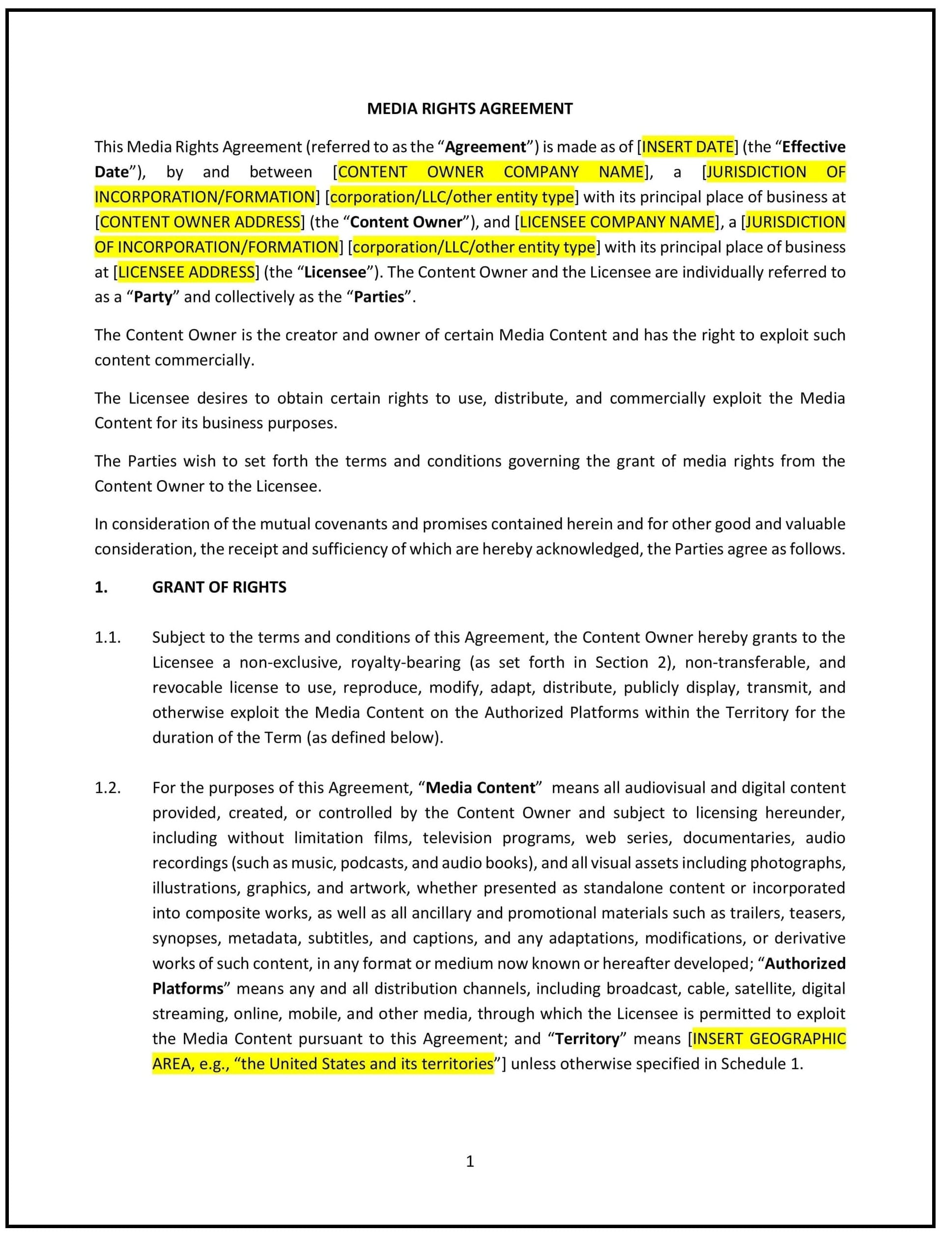 Media Rights Agreement (Tennessee): Free template