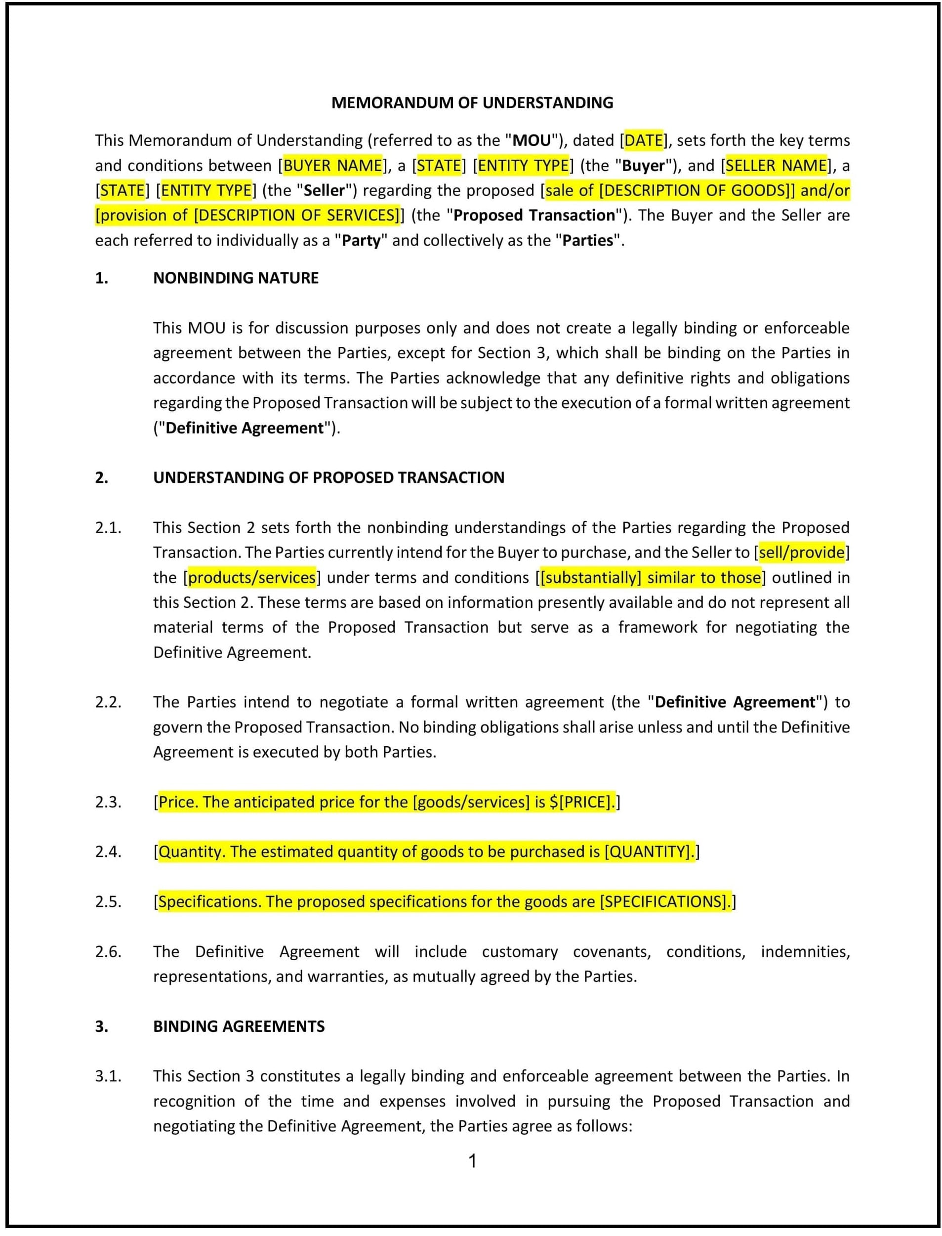 Memorandum of Understanding (MOU) (North Carolina): Free template