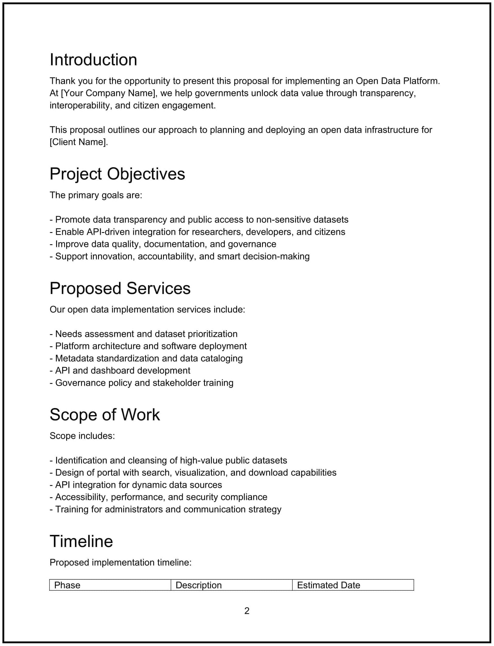 Open data platform implementation proposal: Free template