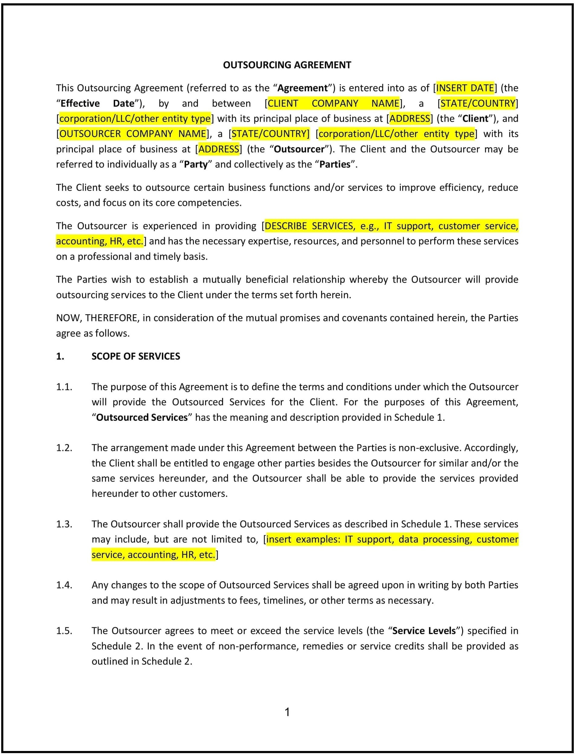 Outsourcing Agreement (Michigan): Free template