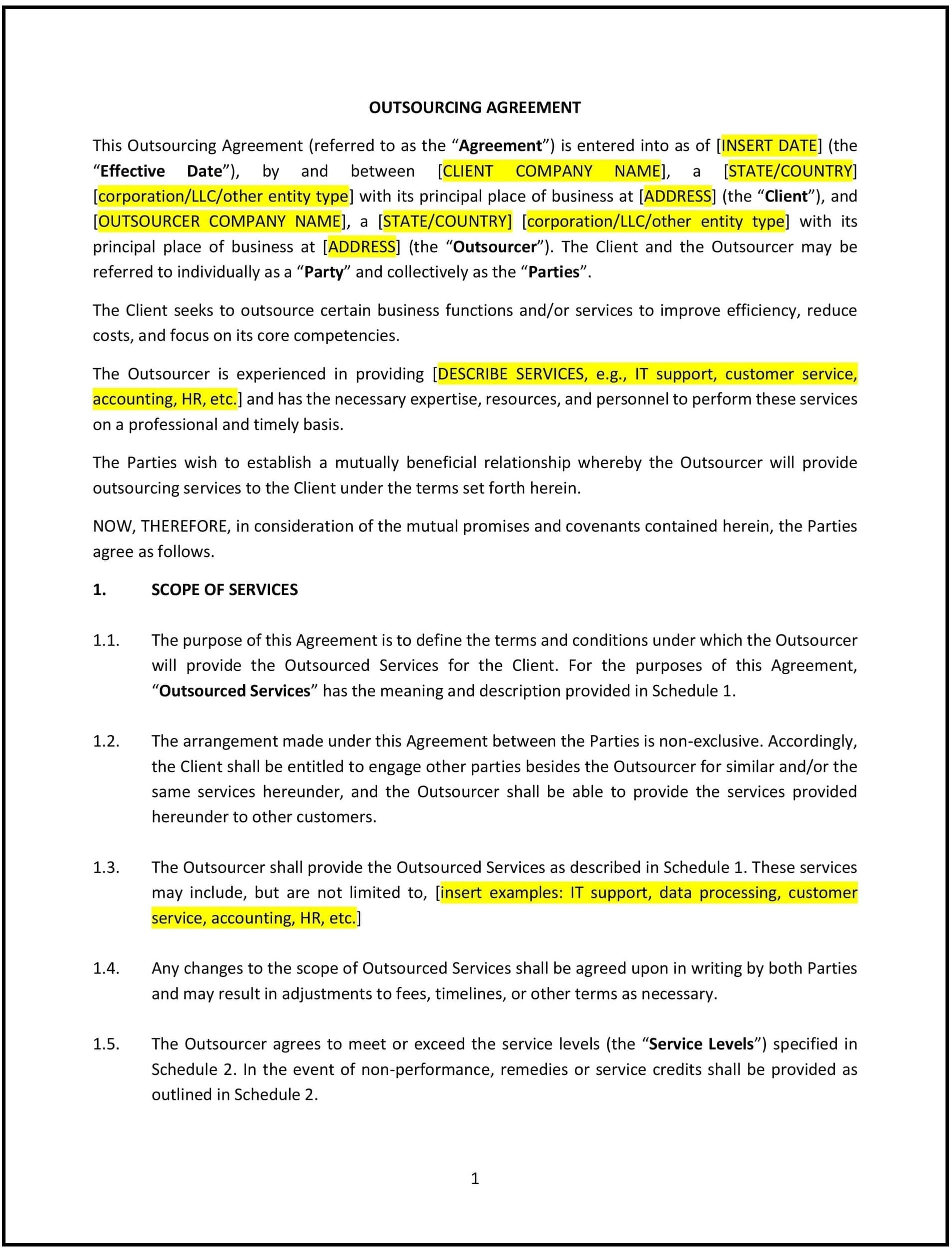 Outsourcing Agreement (Ohio): Free template