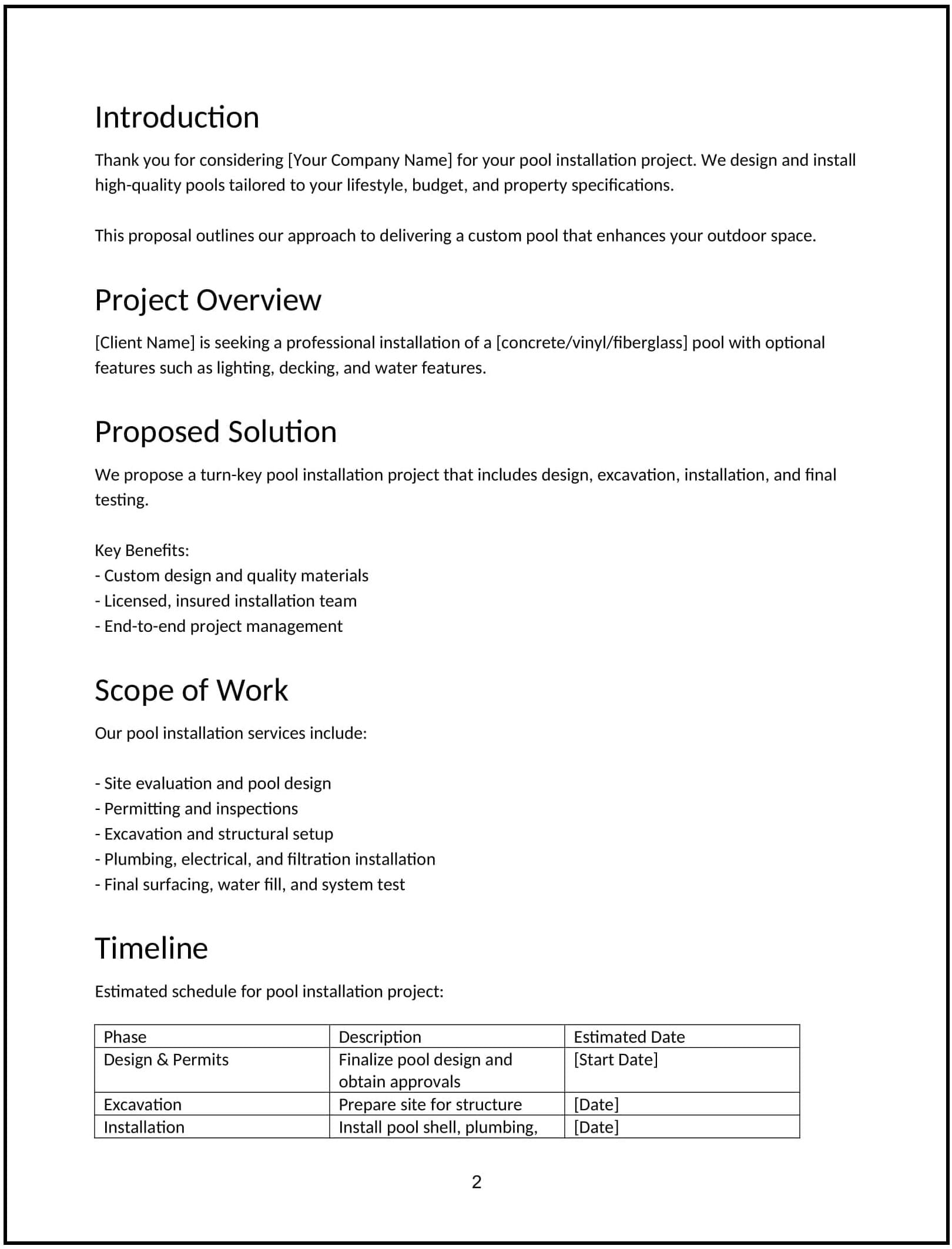 Pool installation proposal: Free template