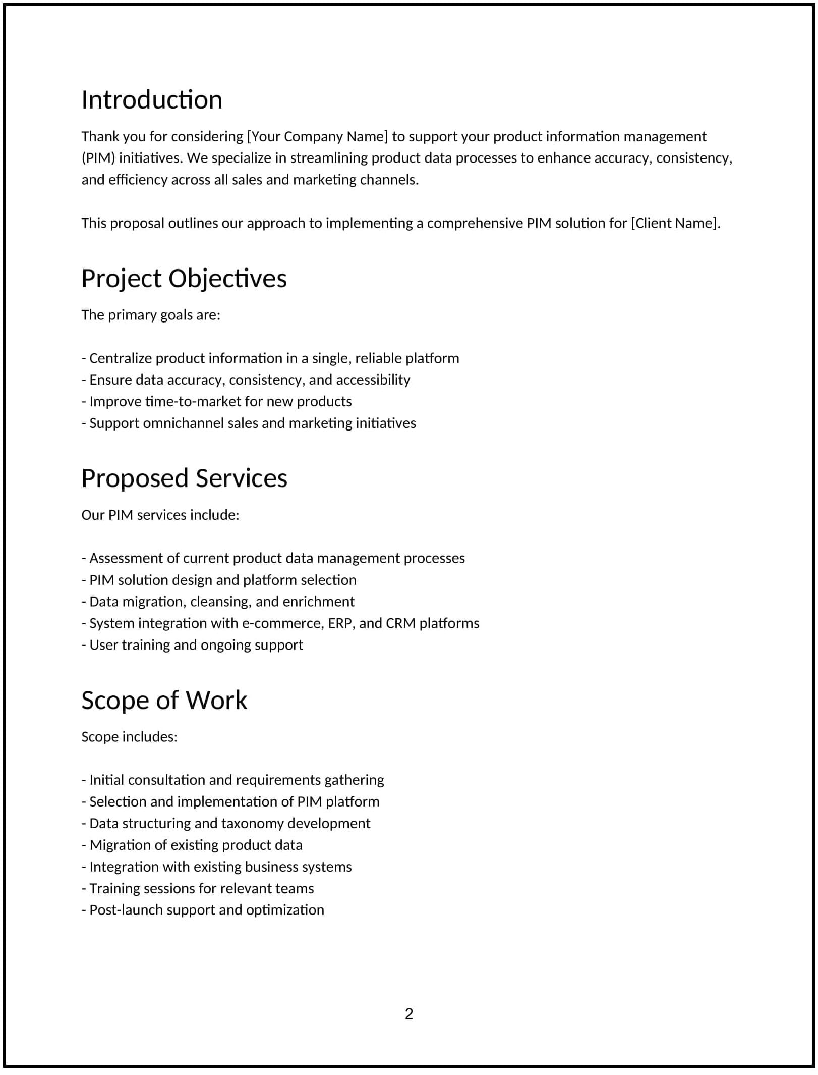 Product information management (PIM) proposal: Free template