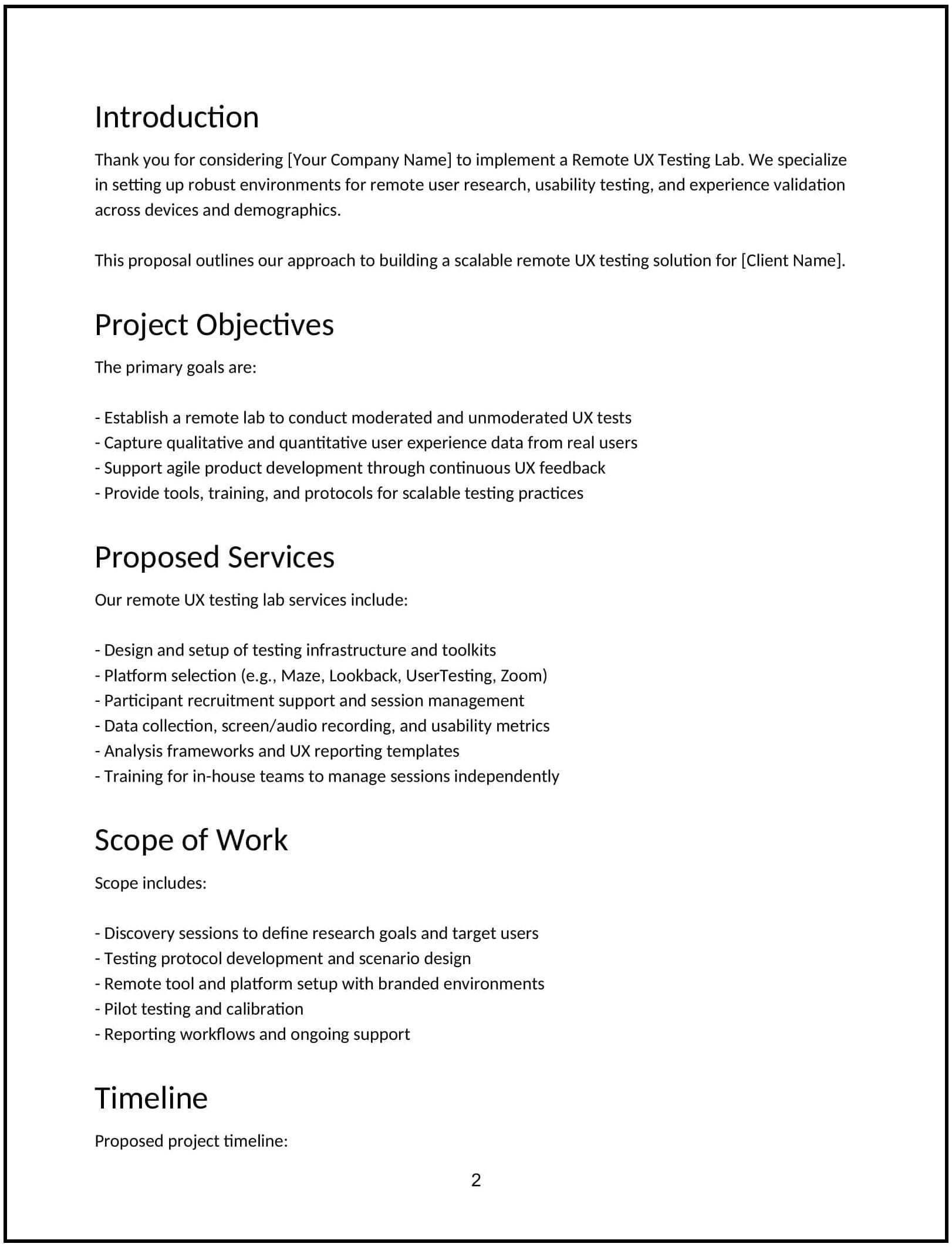 Remote UX testing lab proposal: Free template