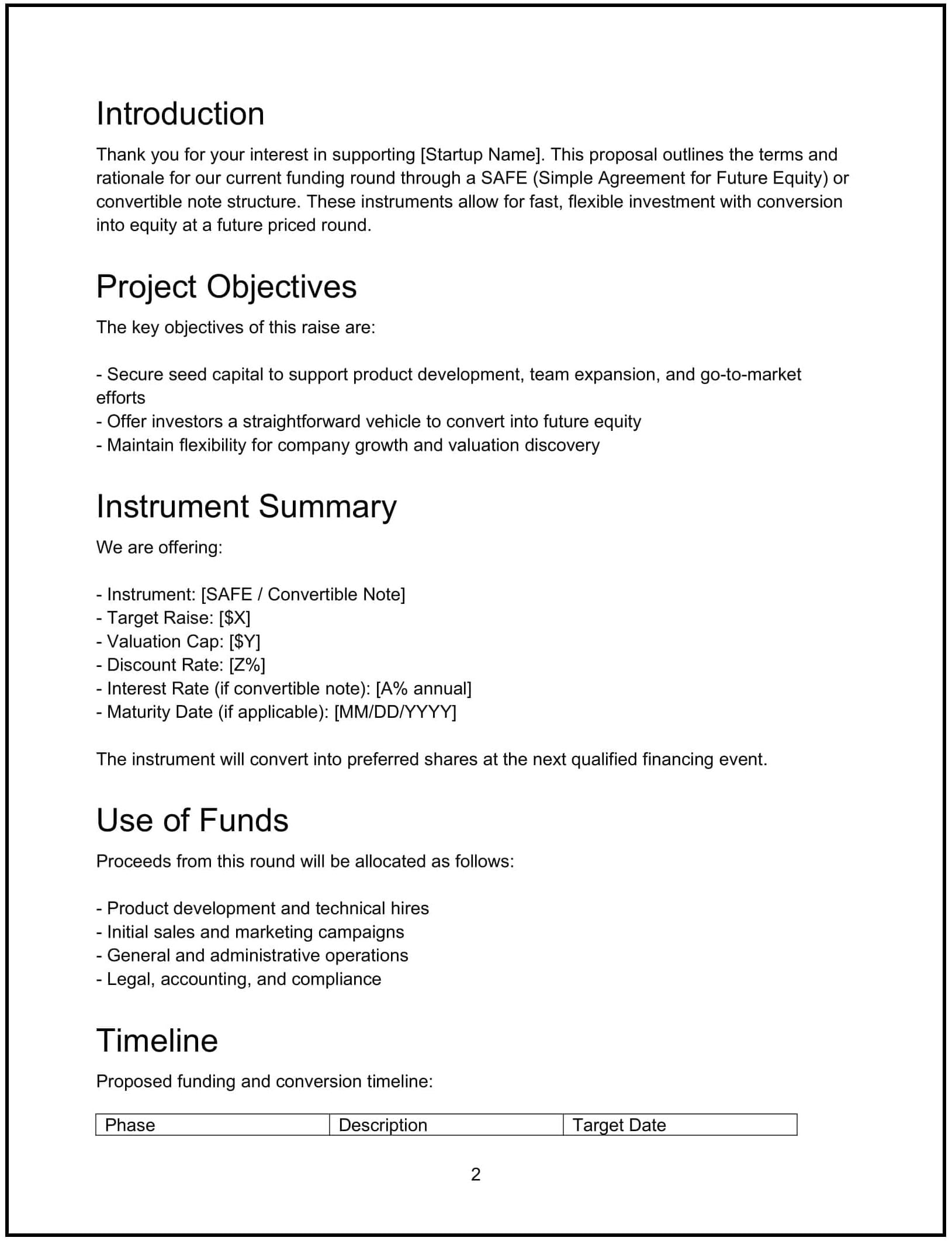 SAFE/convertible note investment proposal: Free template