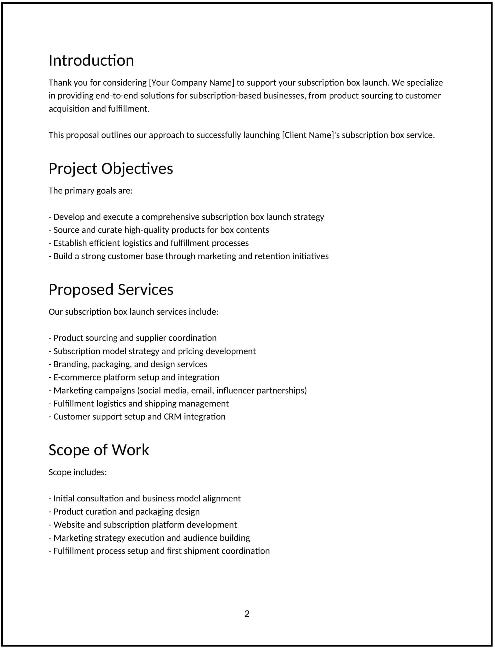 Subscription box launch proposal: Free template