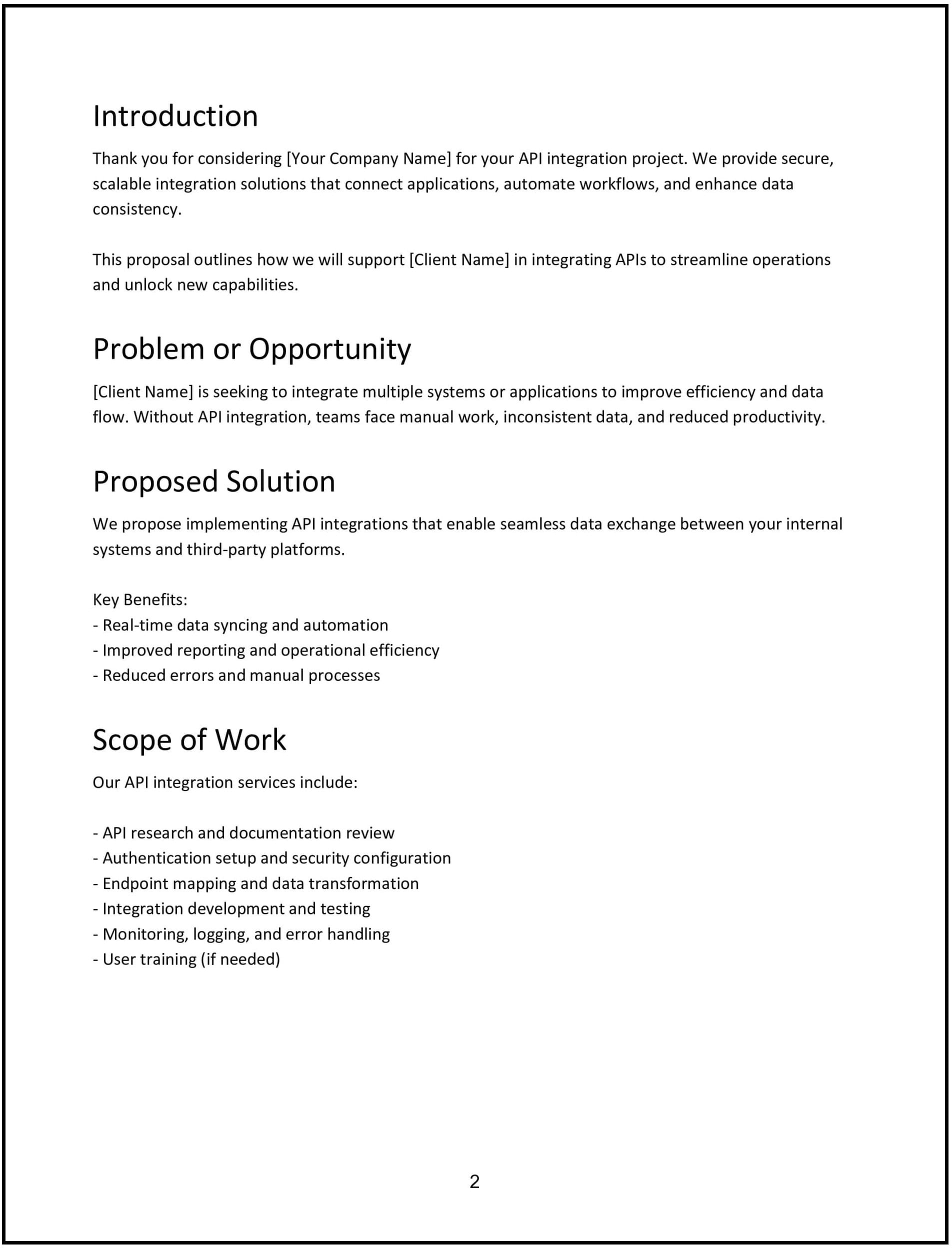 API integration proposal: Free template