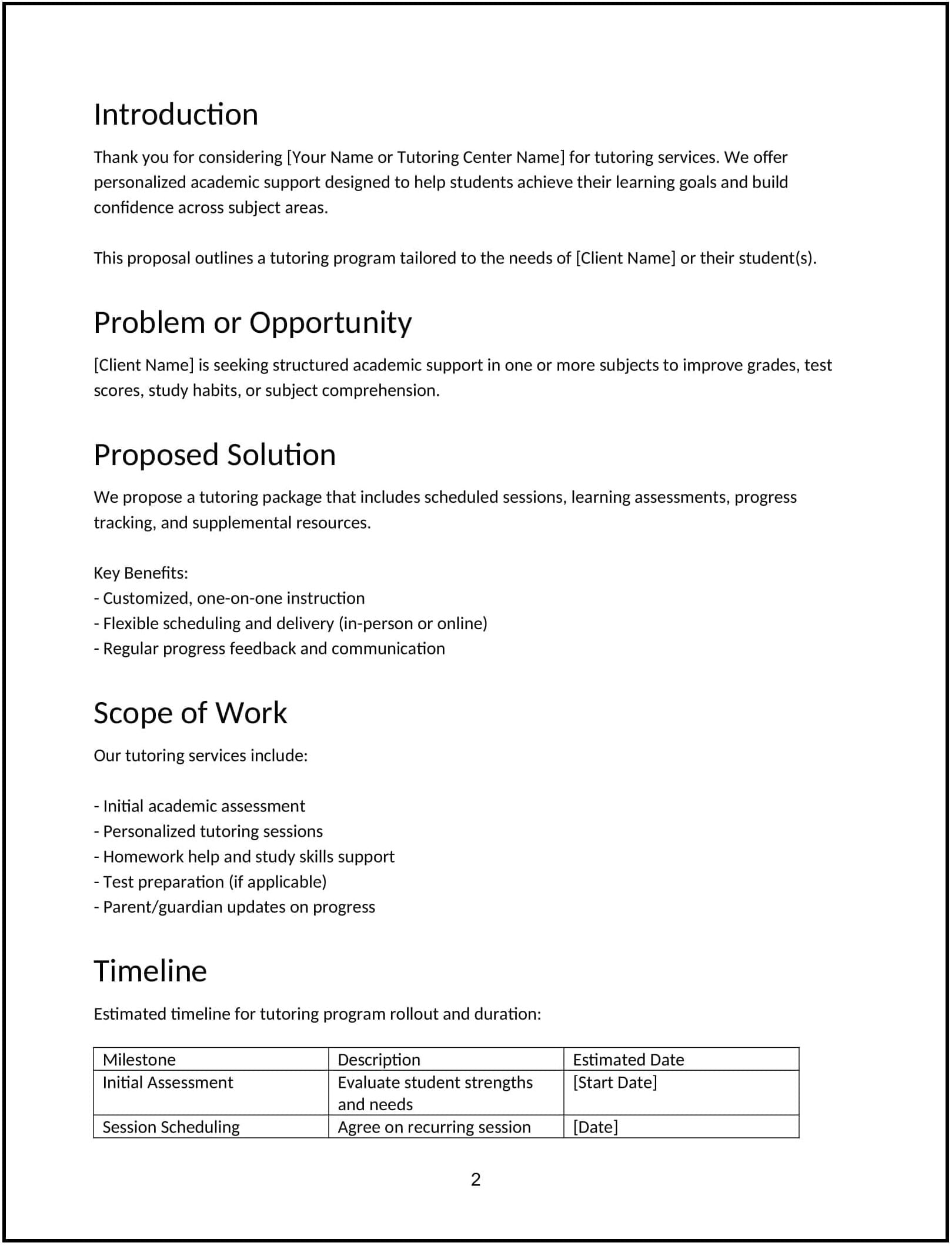 Tutoring services proposal: Free template