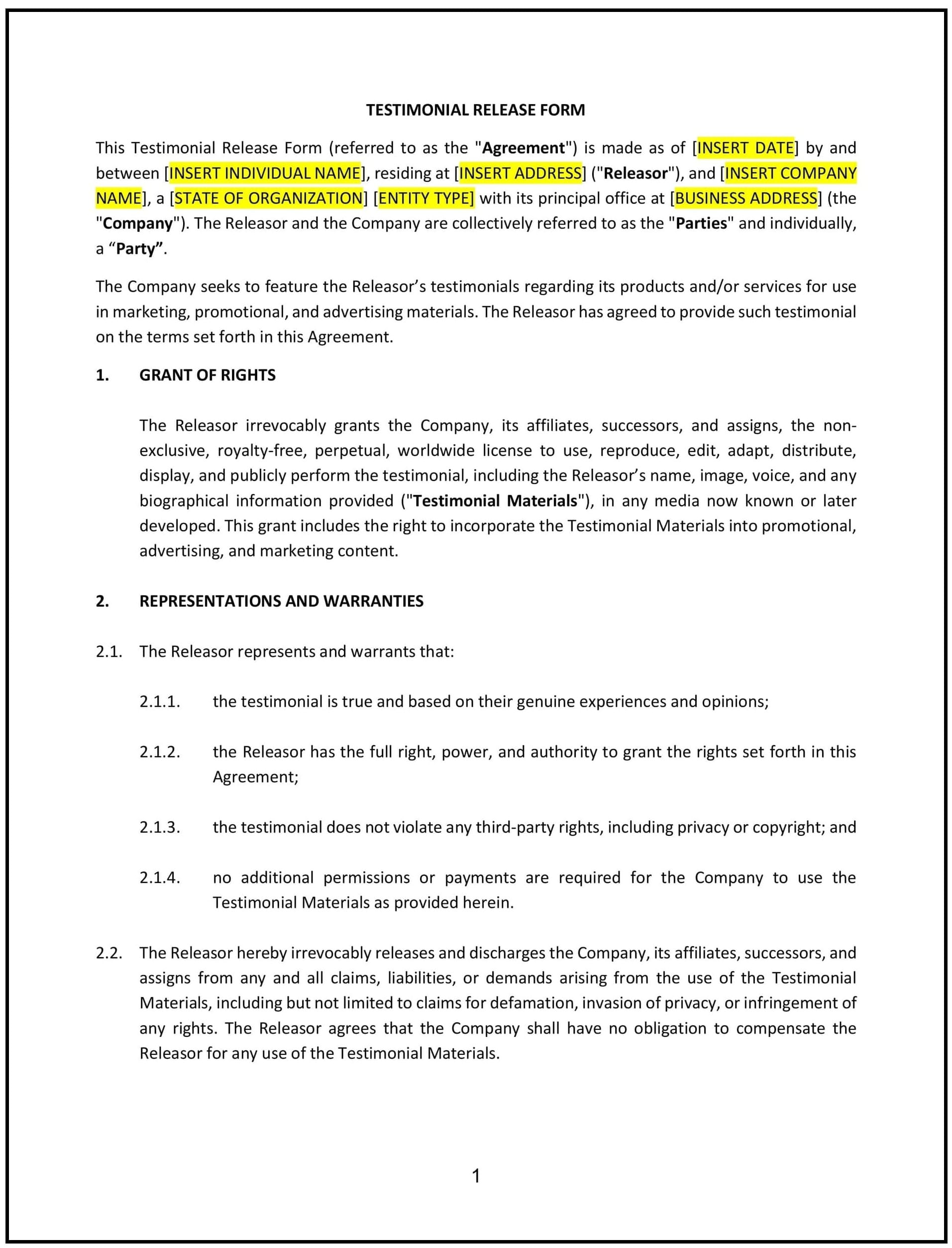 Testimonial Release Form (Missouri): Free template