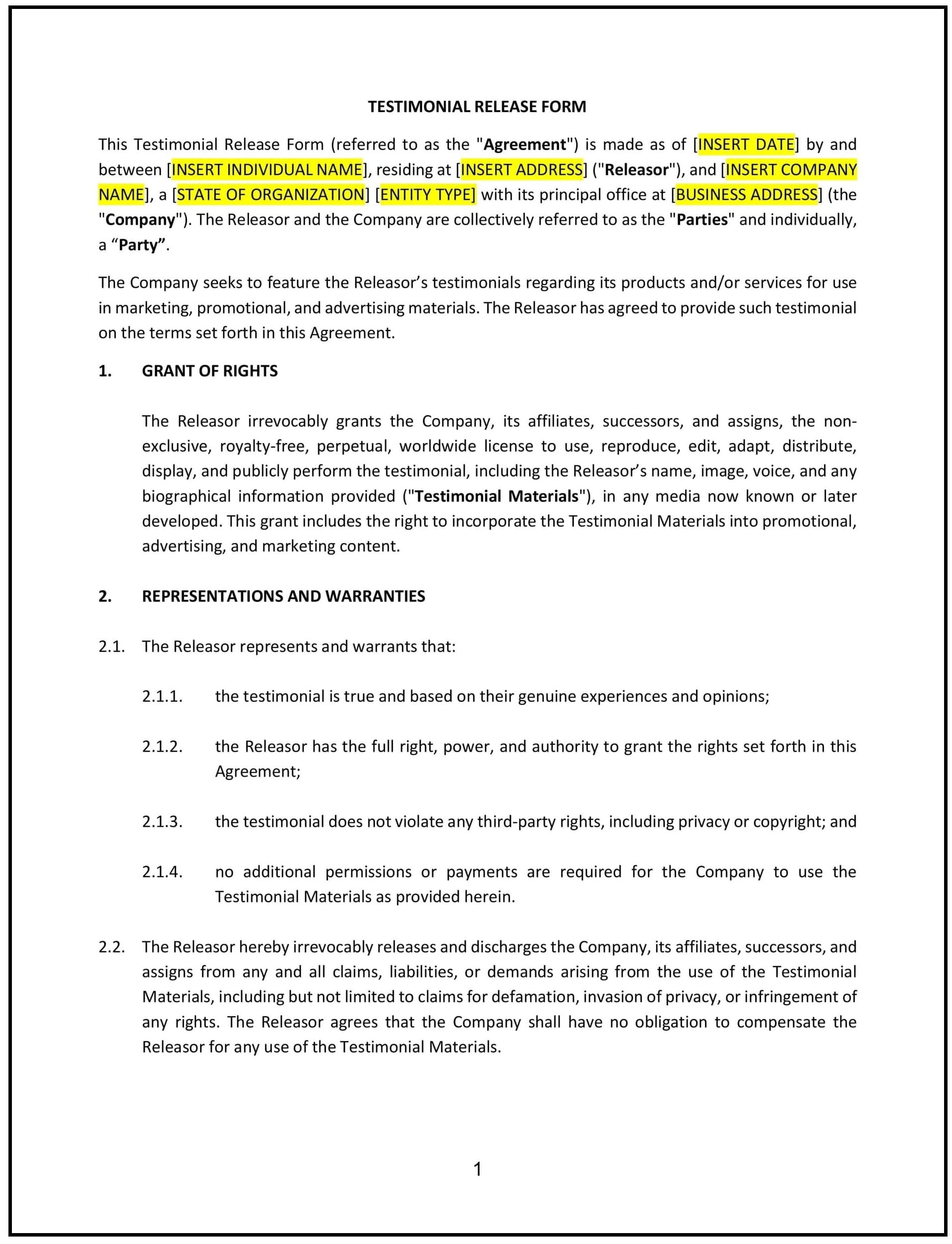 Testimonial Release Form (New York): Free template