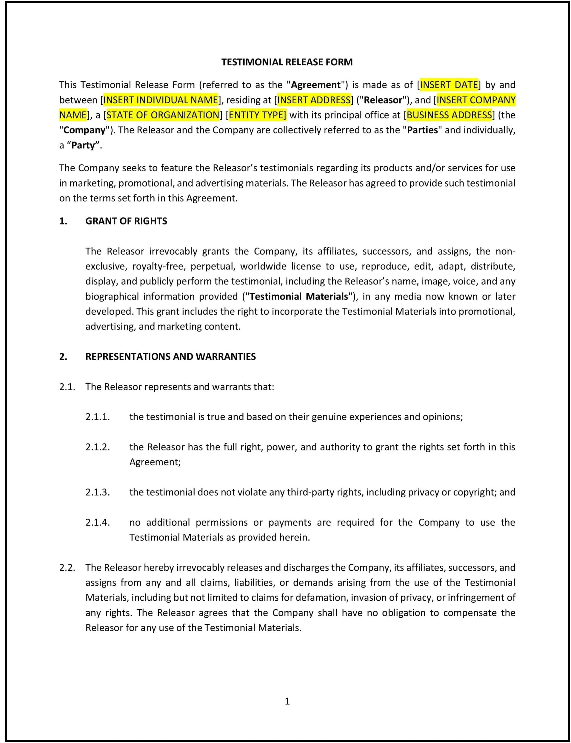 Testimonial Release Form (Rhode Island): Free template