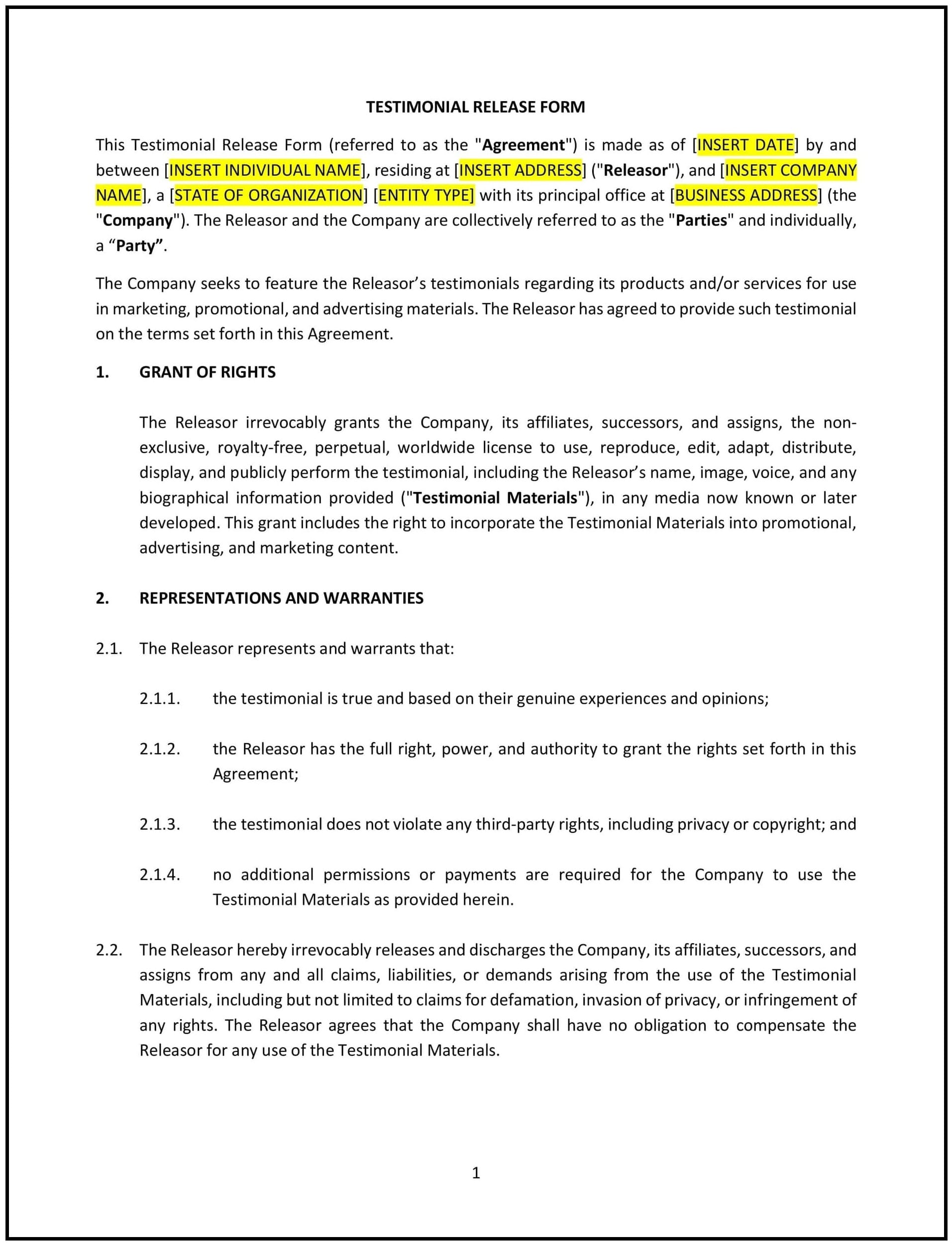 Testimonial Release Form (Texas): Free template