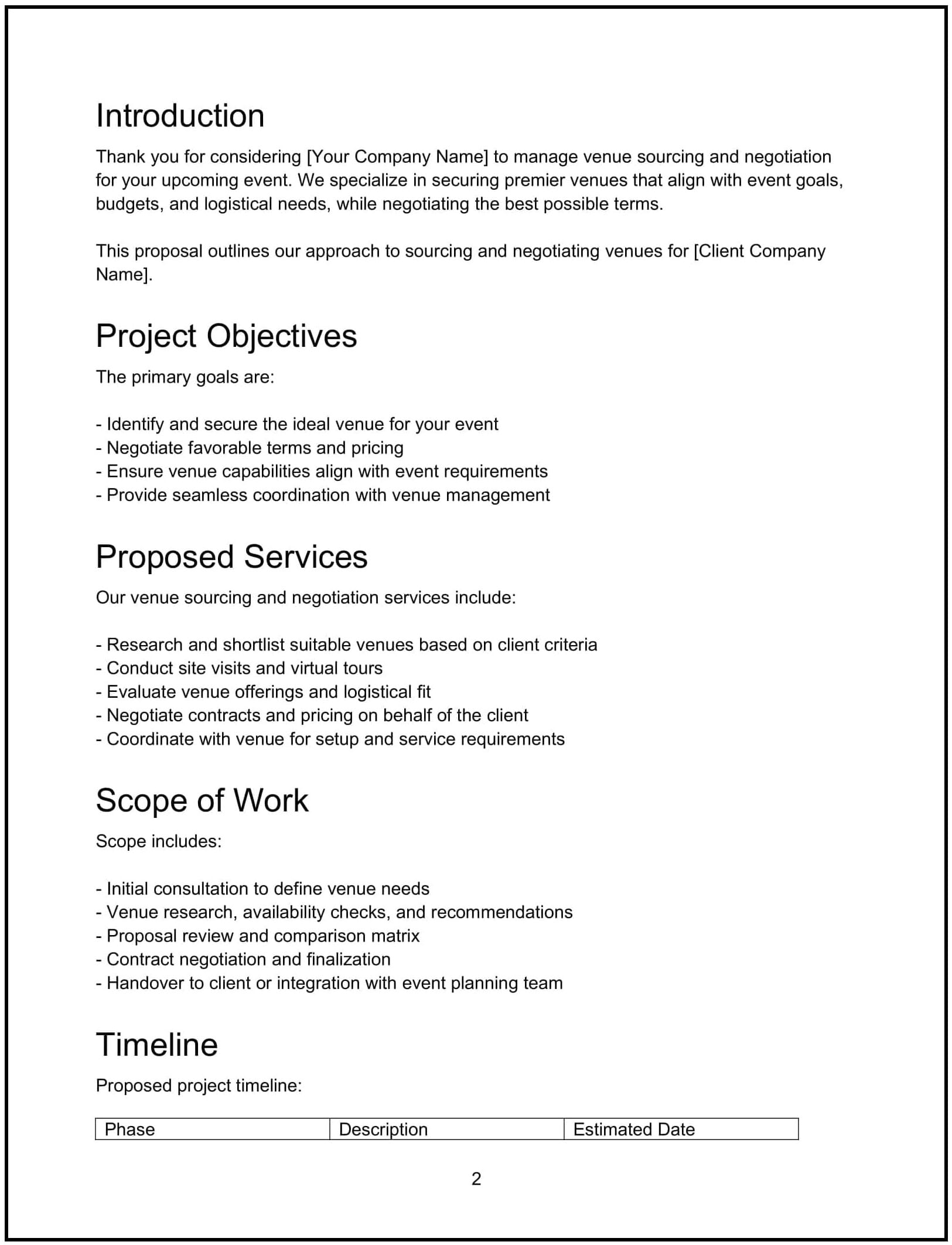 Venue sourcing and negotiation proposal: Free template