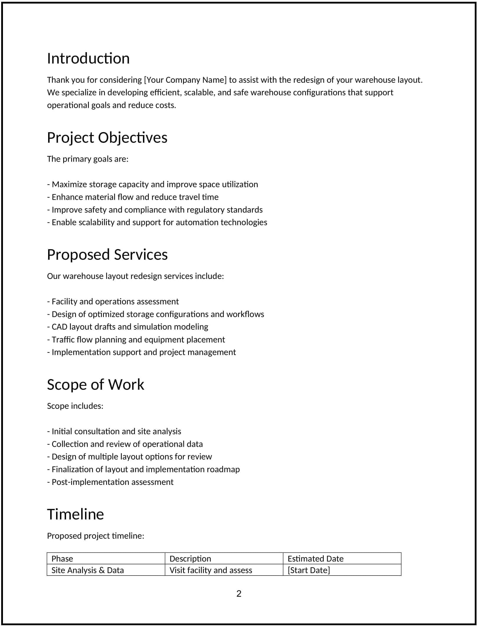 Warehouse layout redesign proposal: Free template