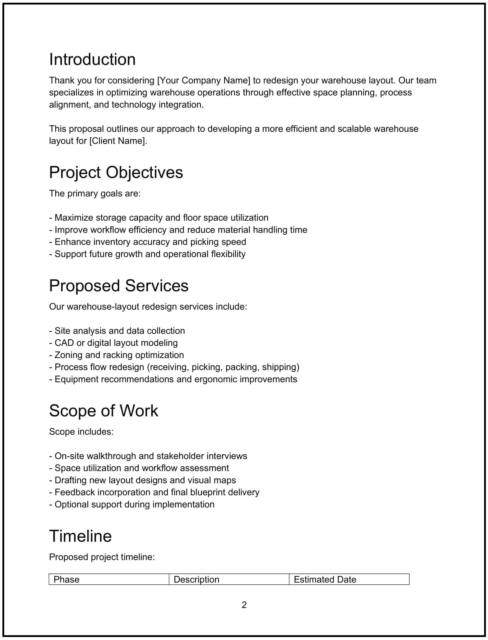 Warehouse layout redesign proposal: Free template