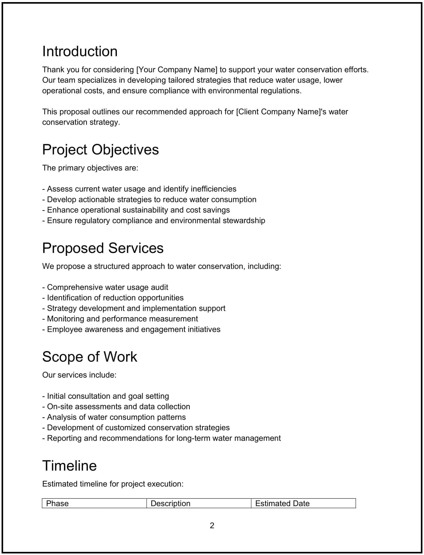 Water conservation strategy proposal: Free template