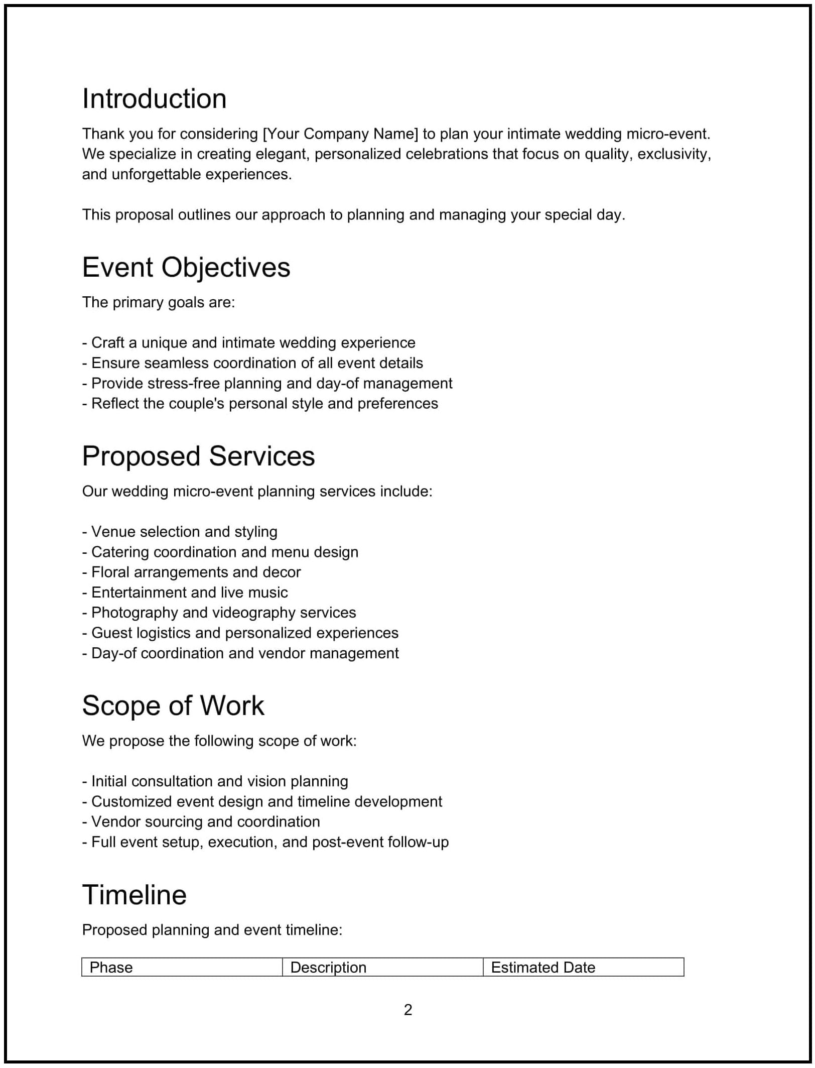 Wedding micro-event planning proposal: Free template