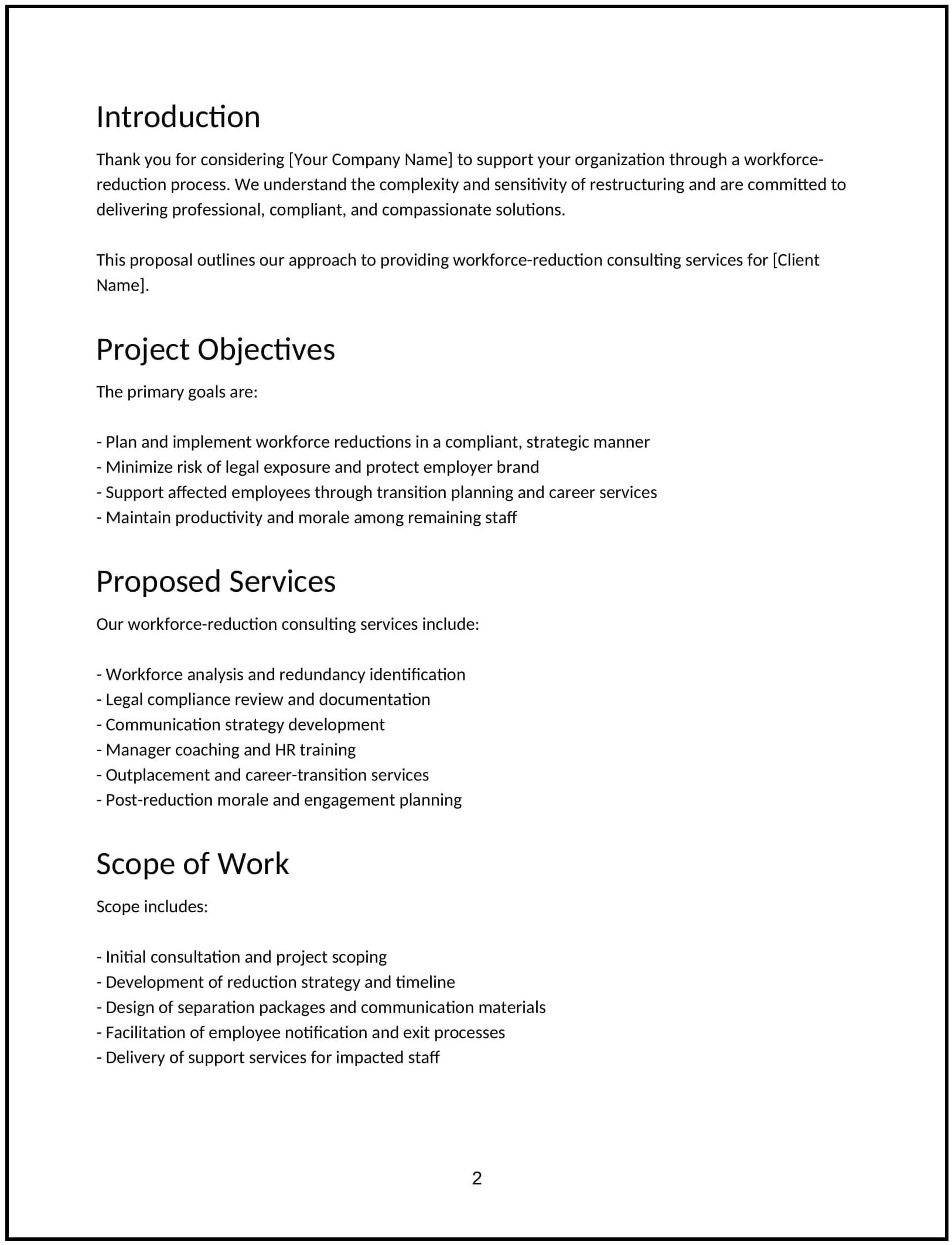 Workforce reduction consulting proposal: Free template