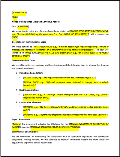 Letter of compliance lapse and corrective action: Free template