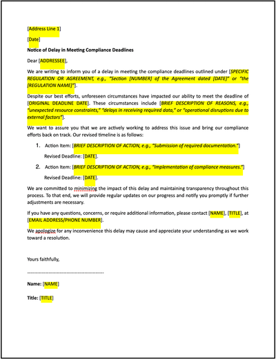 Letter of delay in meeting compliance deadlines: Free template
