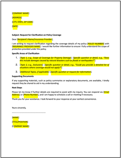 Request for clarification on policy coverage letter: Free template