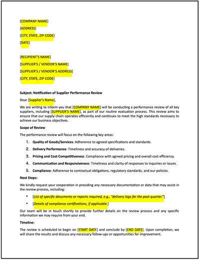 Notification letter of supplier performance review: Free template