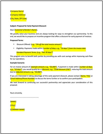 Letter proposing discounts for early payment: Free template