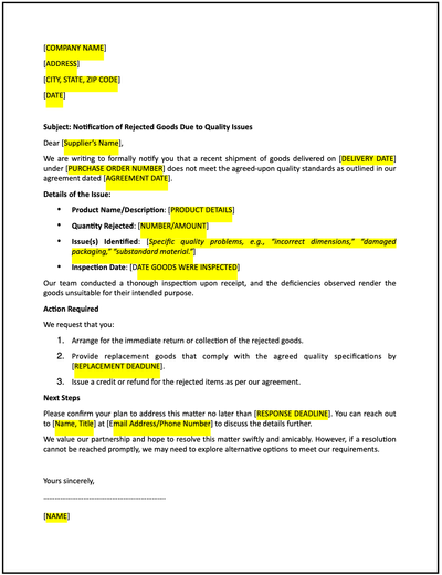 Letter of rejected goods due to quality issues: Free template