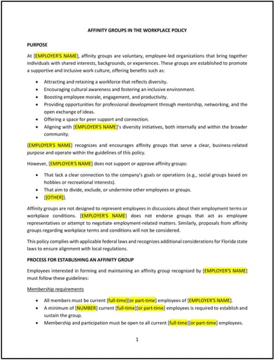 Affinity groups in the workplace policy (Florida): Free template