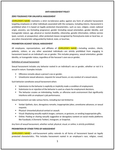 Anti-harassment policy (Pennsylvania): Free template