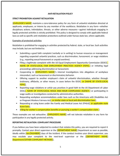 Anti-retaliation policy (Kansas): Free template