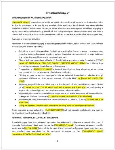 Anti-retaliation policy (New York): Free template