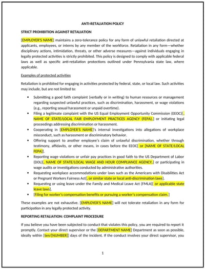 Anti-retaliation policy (Pennsylvania): Free template