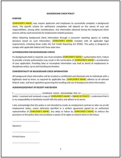 Background check policy (Texas): Free template