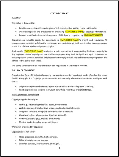 Copyright policy (Nevada): Free template