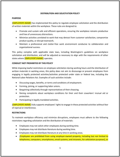 Distribution and solicitation policy (Washington): Free template