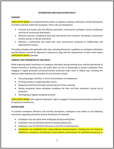 Distribution and solicitation policy (Wisconsin): Free template