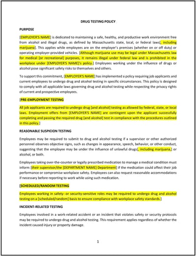 Drug testing policy (Massachusetts): Free template