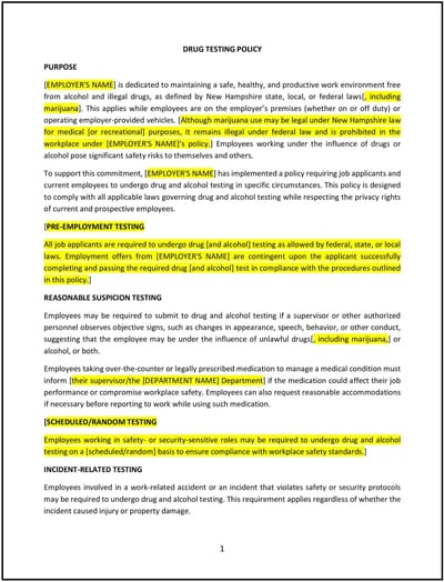 Drug testing policy (New Hampshire): Free template