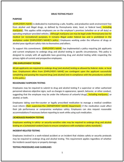 Drug testing policy (Pennsylvania): Free template